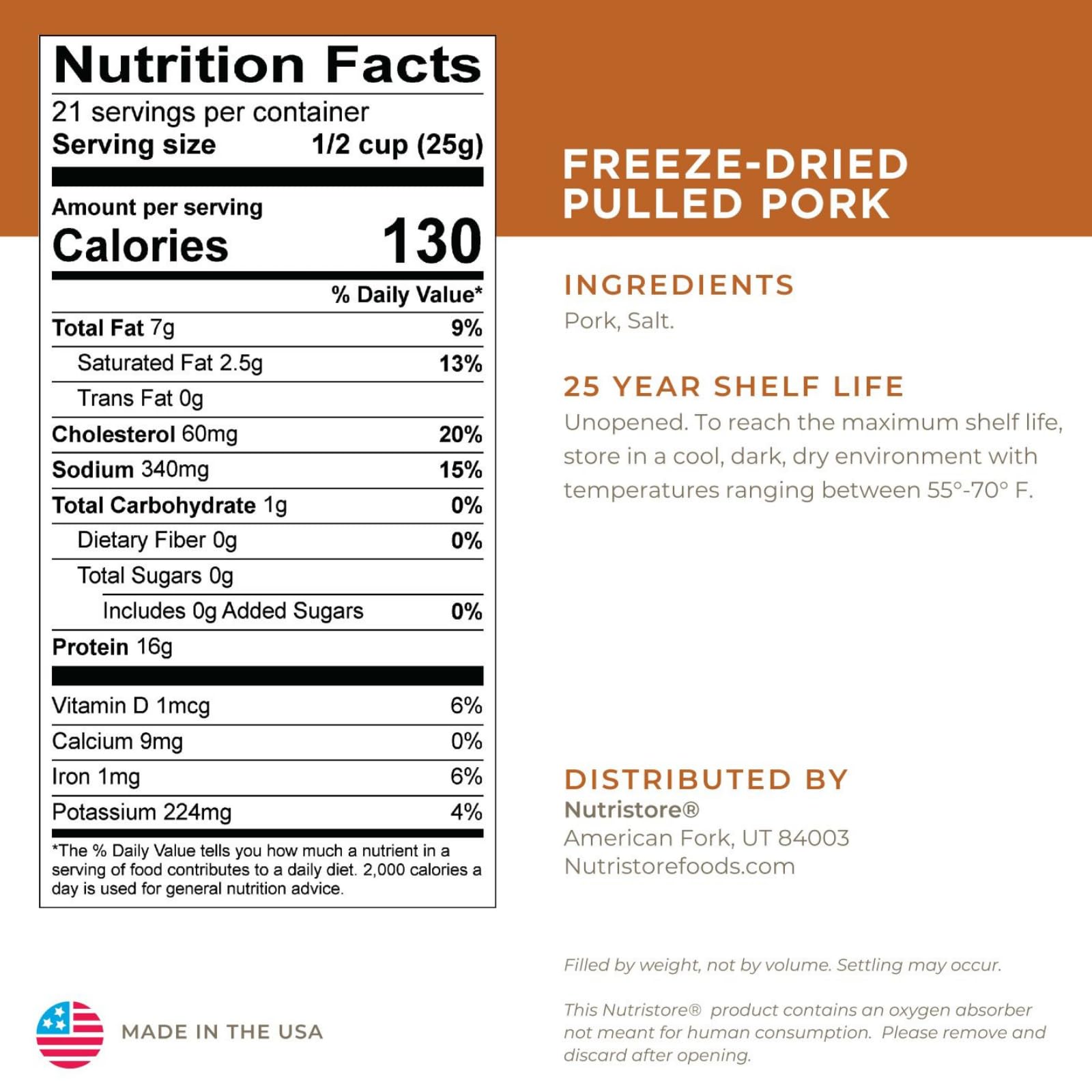 Nutristore Freeze Dried Pulled Pork | Pre-Cooked Shelf Stable Meat for Survival Emergency Food Supply, Meal Prep, and Backpacking/Camping | Made in USA | 25 Year Shelf Life | #10 Can, 18.5 oz