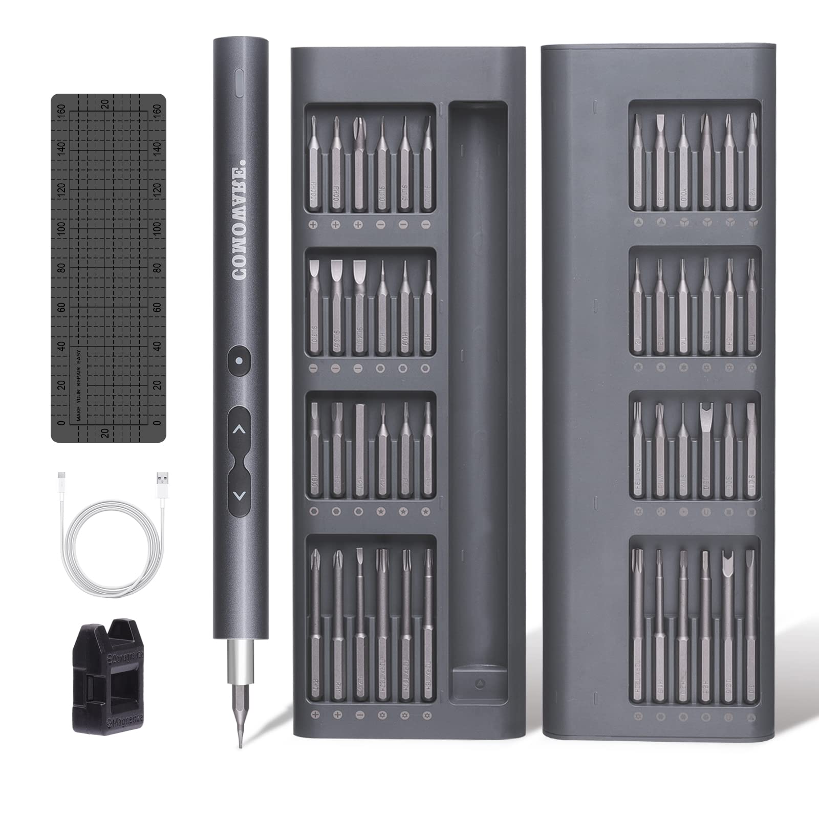 COMOWARE Mini Electric Screwdriver-50 in 1 Precision Small Electric Screwdriver Set for PC Building with LED Light & 48 bits, Magnetizer, Magnetic Mat, Handy Repair Tool for Phone Watch Camera