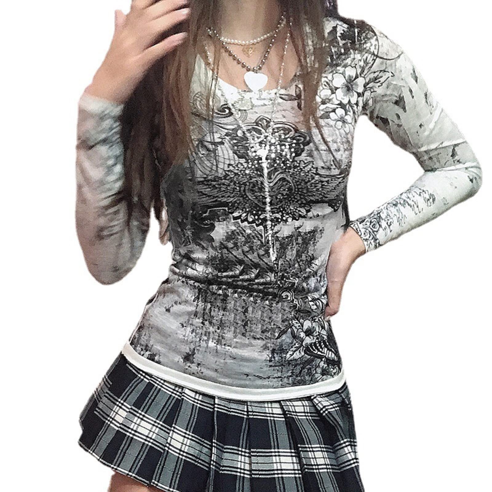 Argeousgor Women Y2K Long Sleeve Top Sexy Gothic Graphic Print Shirt Basic V Neck Tee Blouse Streewear(White,S)
