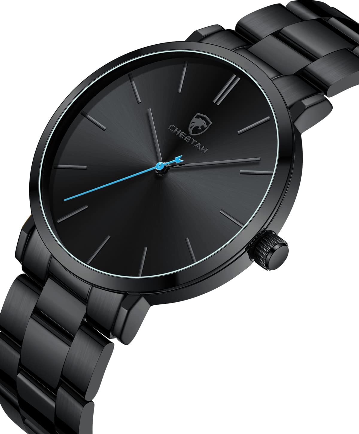 GOLDEN HOUR Men's Watches Slim Minimalist Runway Black Stainless Steel Quartz Analog Watch with Blue Hands