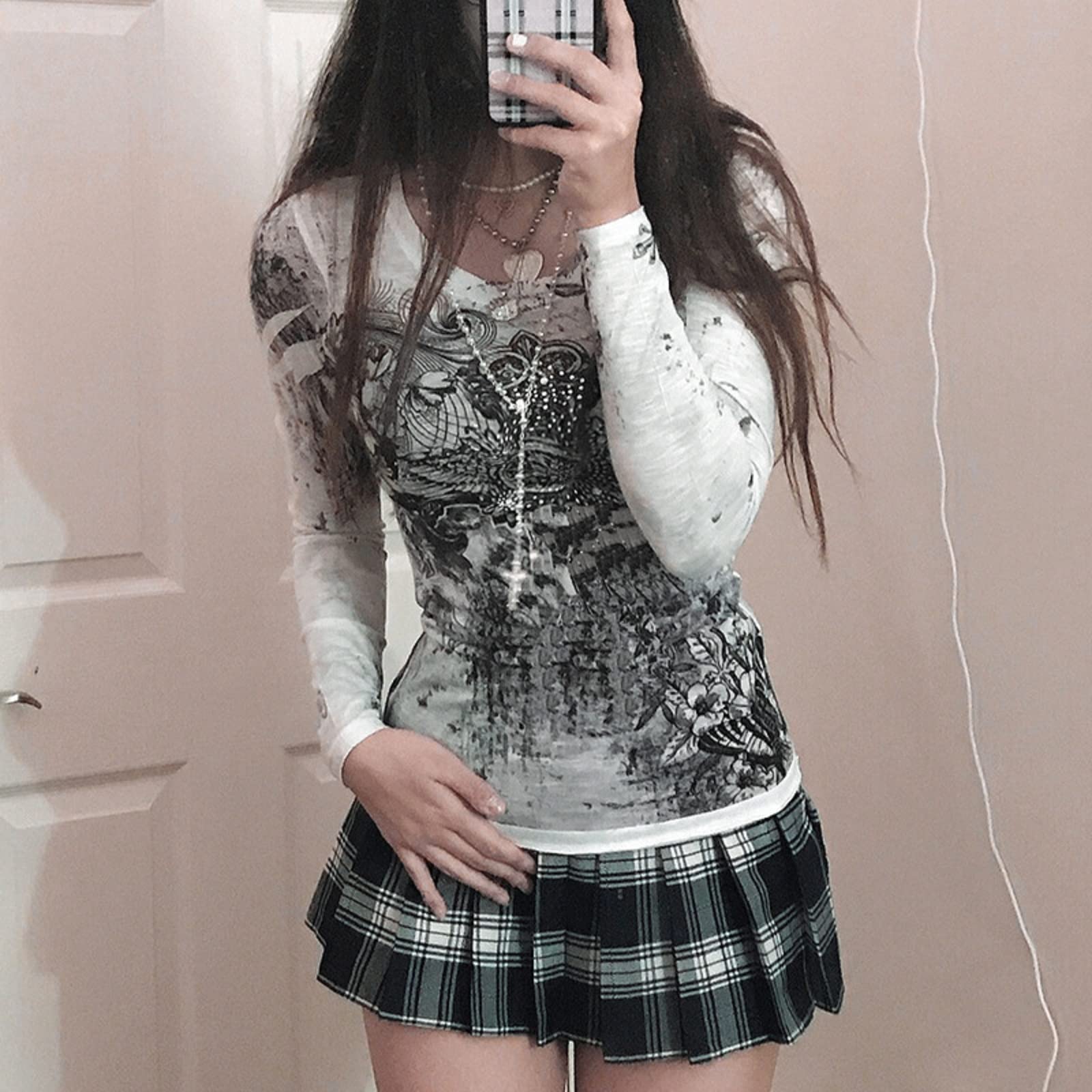 Argeousgor Women Y2K Long Sleeve Top Sexy Gothic Graphic Print Shirt Basic V Neck Tee Blouse Streewear(White,S)
