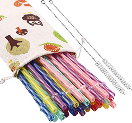 33 Pieces Reusable Plastic Straws Fit for Mason Jars, Tumblers, 9 Inches Transparent Colored Unbreakable Drinking Straws with 1 Straw Carrying Case and 2 Cleaning Brushes, BPA Free and Eco-friendly