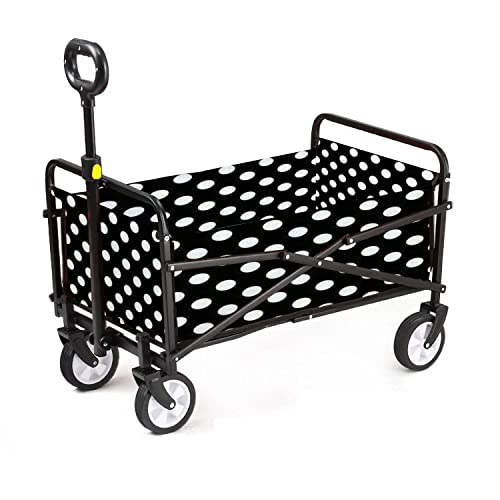 Collapsible Wagon Cart Black and White Polka dot Foldable Utility Wagon Large Capacity Garden Cart with Push Bar for Beach Camp Outdoor Shopping