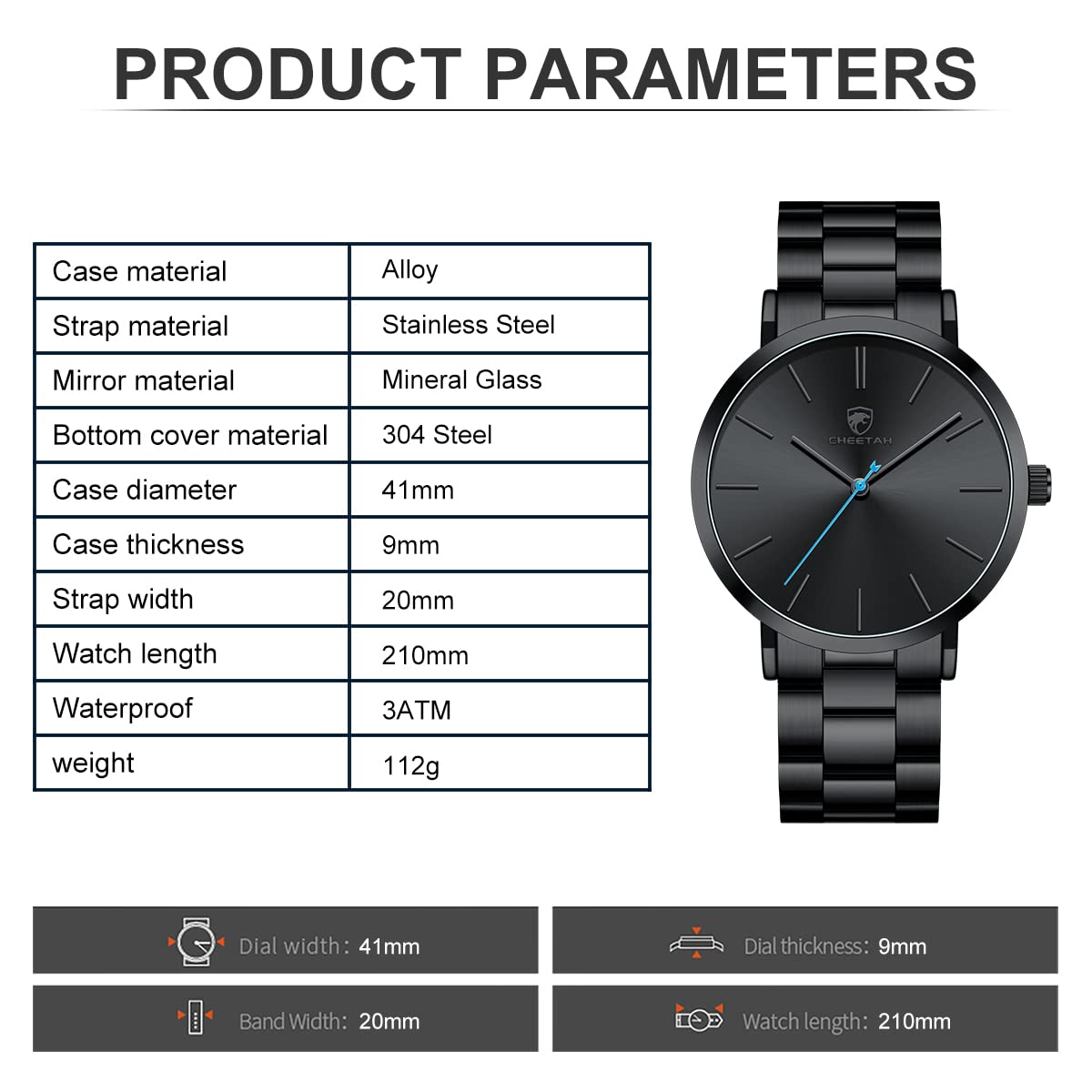 GOLDEN HOUR Men's Watches Slim Minimalist Runway Black Stainless Steel Quartz Analog Watch with Blue Hands