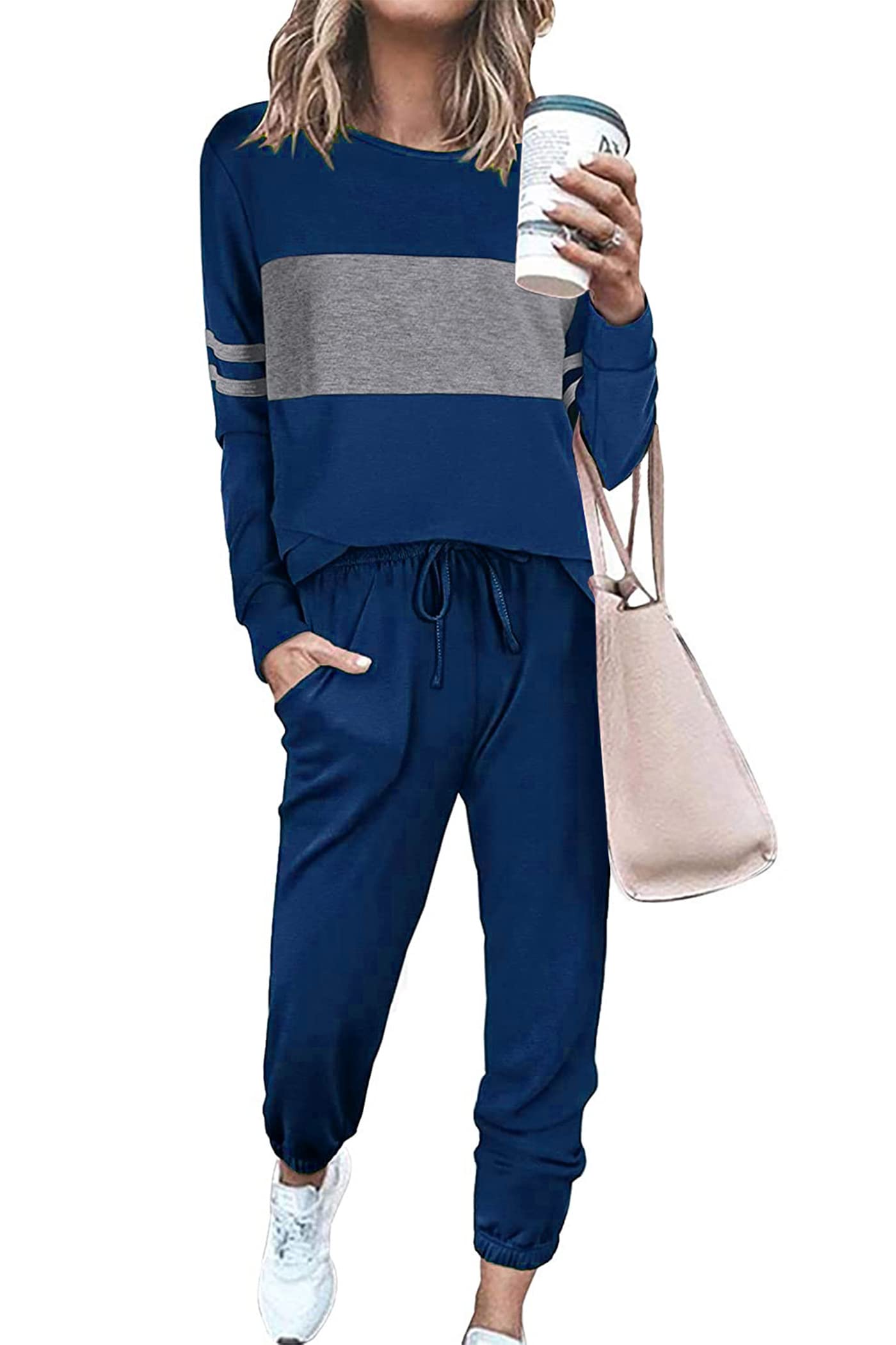 PRETTYGARDEN Women's Color Block 2 Piece Tracksuit Crewneck Long Sleeve Tops Long Sweatpants Outfits Lounge Sets(Bright Blue,Medium)