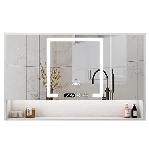 LED Lighted Medicine Cabinet with Clock Mirror Cabinet for Bathroom with Mirror LED Makeup Mirror with Lights 3 Doors Medicine Cabinet Organizer Wall-mountable and Recessed-in (Color : White, Size :