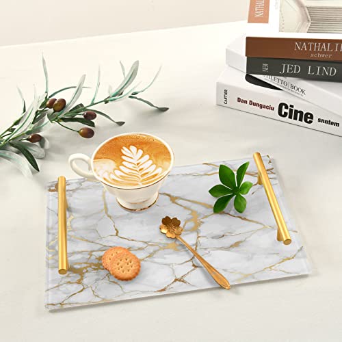 Marble with Golden Vanity Tray for Bathroom Counter Rectangle Decorative Kitchen Trays Acrylic Jewelry Perfume Makeup Organizer Tray Holder