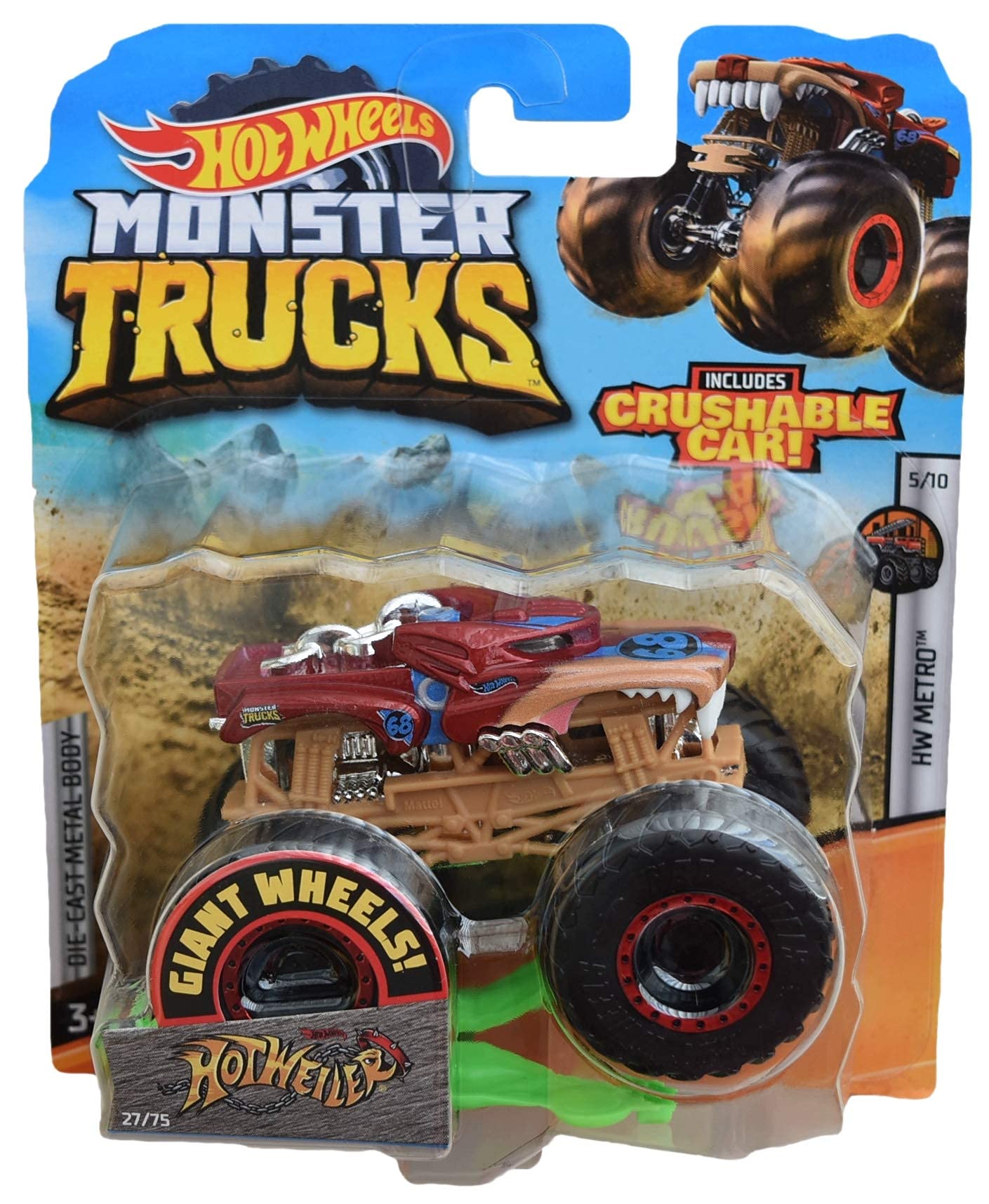 Hot Wheels Monster Trucks Hotweiler, [red] Crushable Car 27/75 1:64 Scale