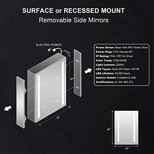 WELLFOR Bathroom Defog Mirror Medicine Cabinet with Dimmer, Outlets & USB Ports, Built in Shelves, Wall Bathroom Storage Organizer Cabinet, Recessed or Surface, Single Left Opening Door, 24" X 30"