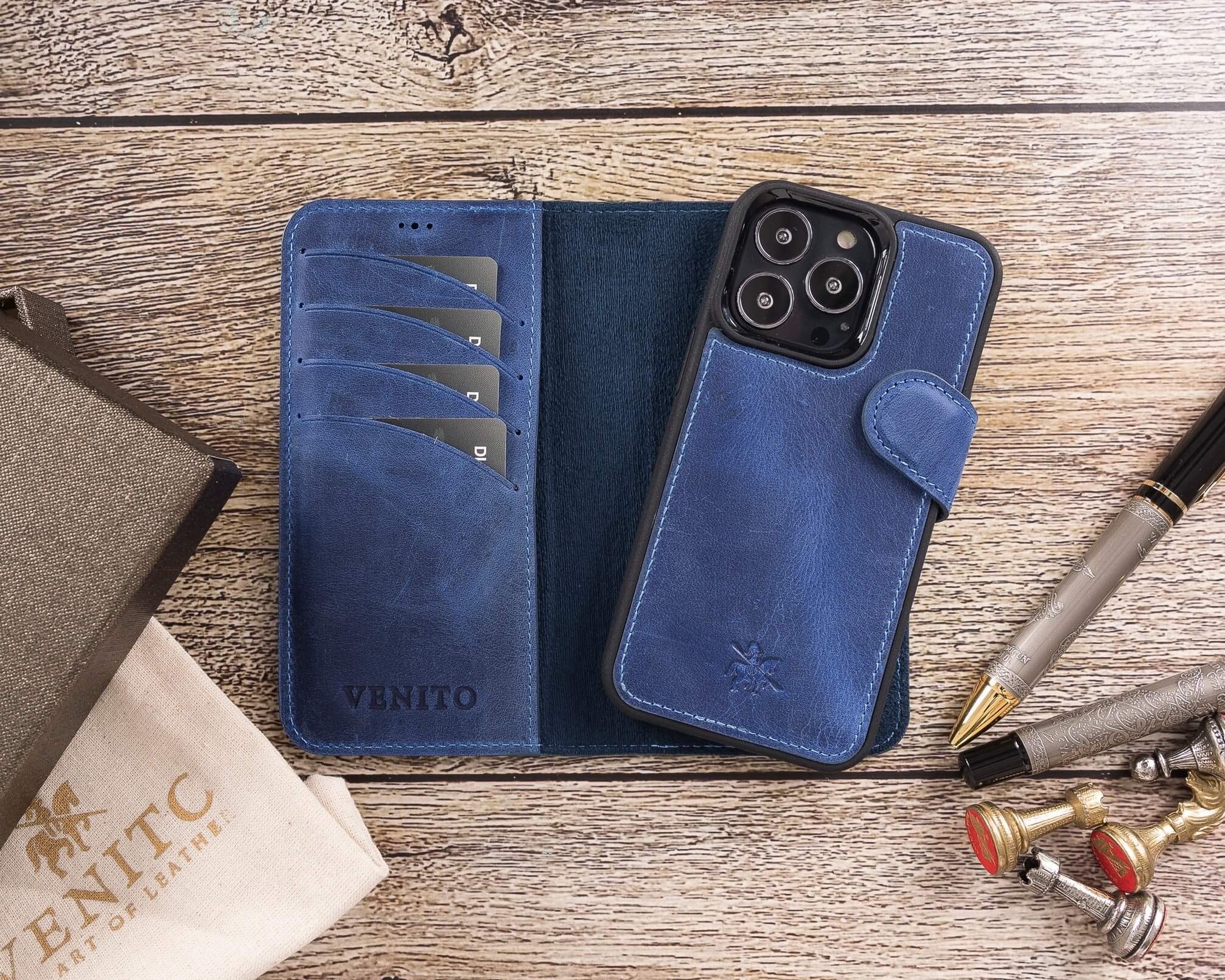 Venito Ravenna Slim Magic Leather Wallet Case for iPhone 13 Pro Max (6.7 in) with a Magnetic Flip & Four Card Slots and a Bill Pocket & Lightweight Frame (Antique Dark Blue)