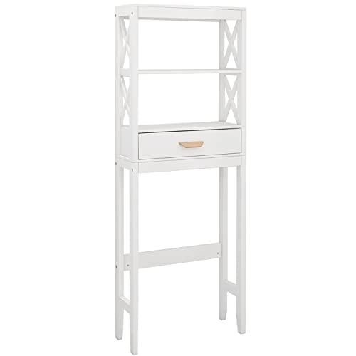 OQSC Bathroom Shelf Over The Toilet X- Frame Bathroom Organizer with 1 Drawer and Open Shelves Bathroom Space Saver(White)