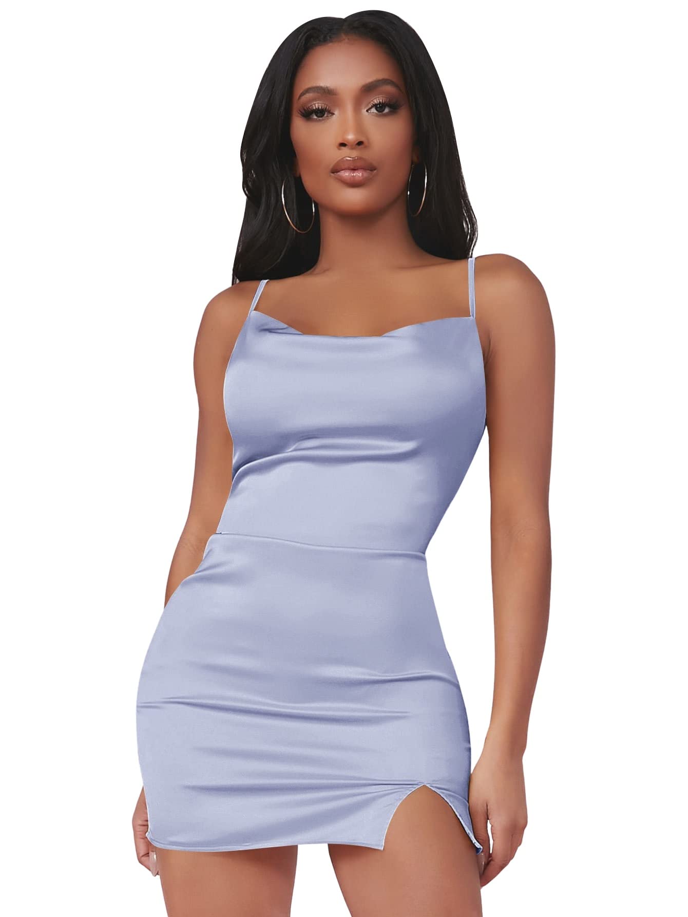 Verdusa Women's Split Hem Cowl Neck Spaghetti Strap Satin Cami Bodycon Dress Light Blue S