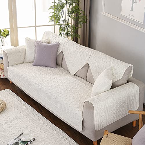 vctops Geometric Embroidery Cotton Couch Sofa Cover Farmhouse Sectional Couch Covers Sofa Slipcover for Dogs Cats Pet Love Seat Recliner Leather L Shaped, Armrest Backrest Cover (Cream,28"x82")