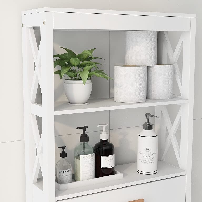 OQSC Bathroom Shelf Over The Toilet X- Frame Bathroom Organizer with 1 Drawer and Open Shelves Bathroom Space Saver(White)