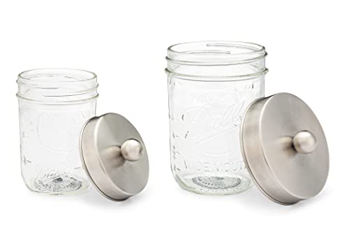 Jarmazing Products Apothecary Lid Storage Set with Ball Mason Jars - Farmhouse Home Decor for Vanity Organization - Luxury Bathroom, Kitchen and Office Accessories - Stainless Steel - Two Pack