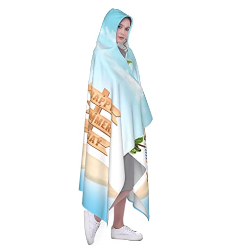 Hooded Blanket Summer Ocean Beach Tropical Palm Trees Flannel Wearable Throw Cape Robe Wrap Fleece Warm Air-Conditioning Quilt 60"X50"