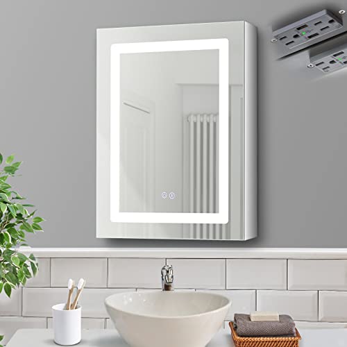 DURLDENG Lighted Medicine Cabinet with Outlet,20x26 Inch Recessed Or Surface Bathroom Medicine Cabinet with Mirror Lights,Led Lighted Medicine Cabinet Mirror Wall Mounted,Anti-Fog,Dimmable,3 Shelves