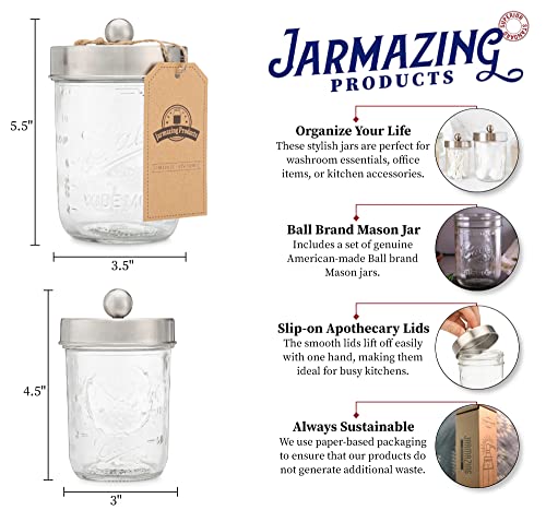 Jarmazing Products Apothecary Lid Storage Set with Ball Mason Jars - Farmhouse Home Decor for Vanity Organization - Luxury Bathroom, Kitchen and Office Accessories - Stainless Steel - Two Pack