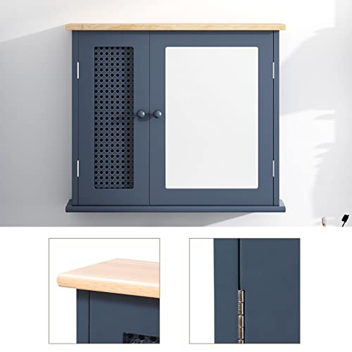 soges Bathroom Wall Cabinet Medicine Cabinet with Mirror, Wall Mounted Bathroom Storage Cabinet with 2 Doors, Wood Hanging Cabinet Storage Organizer for Bathroom, Living Room, Dark Blue