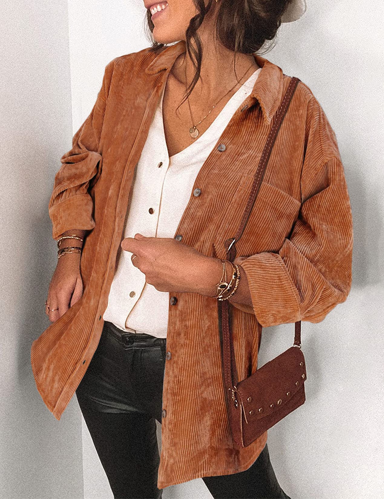 Saslax Womens Corduroy Shirt Long Sleeve Oversized Button Up V Neck Blouses Tops Loose Shacket Jacket with Pockets Burnt Oranage L