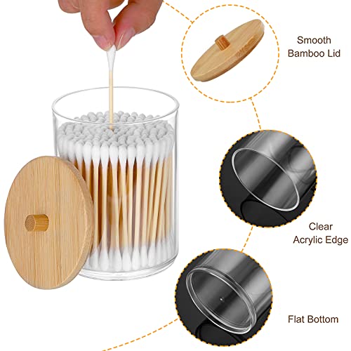 Hipiwe Acrylic Qtip Holder Dispenser with Lid 4-Pack Clear Apothecary Jars Vanity Makeup Organizer Bathroom Accessories Storage Canisters for Cotton Ball Swab Round Pads Floss