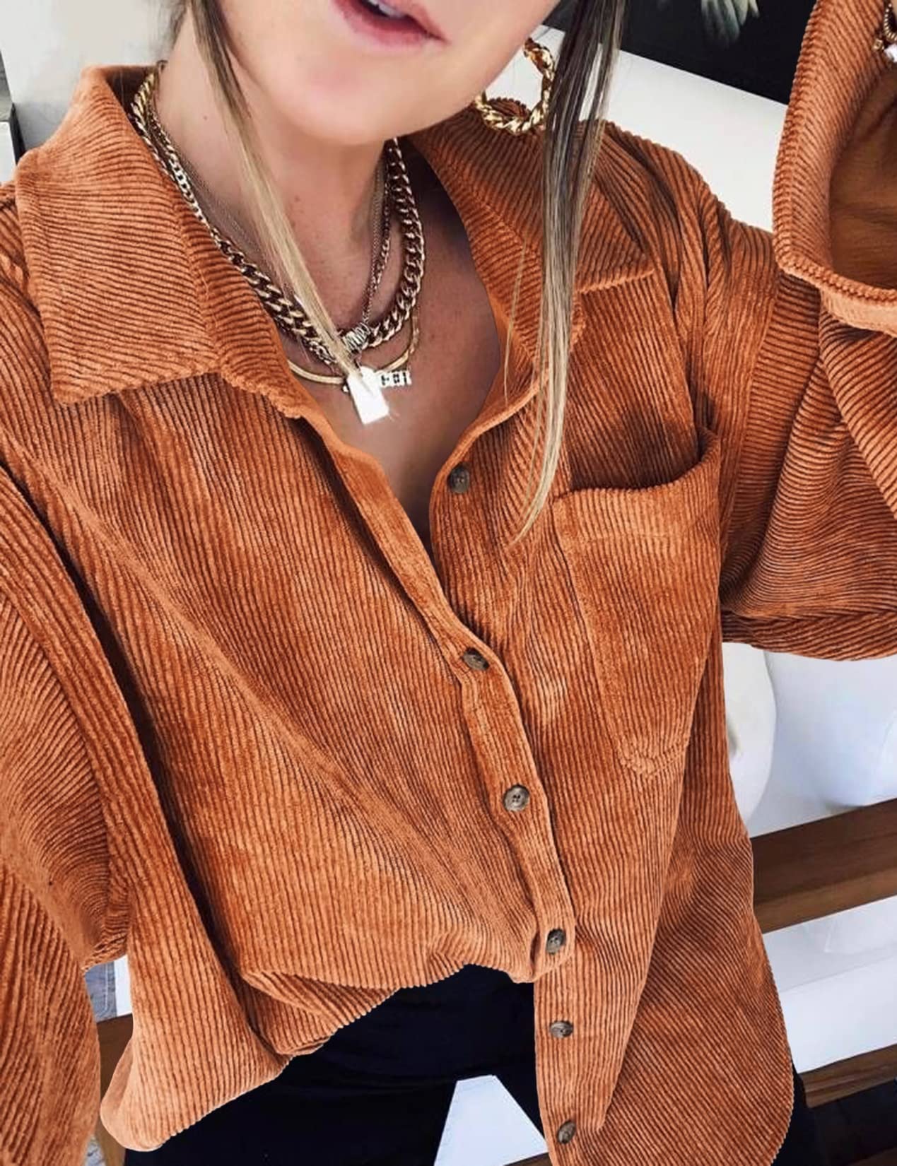 Saslax Womens Corduroy Shirt Long Sleeve Oversized Button Up V Neck Blouses Tops Loose Shacket Jacket with Pockets Burnt Oranage L