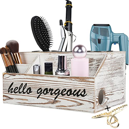 Wooden Hair Tool Organizer, ZENGAOOU Rustic White Blow Dryer Holder, Vintage Bathroom Organizer Countertop Storage with 6 Compartments for Curling Iron Makeup Toiletries(Rustic White)