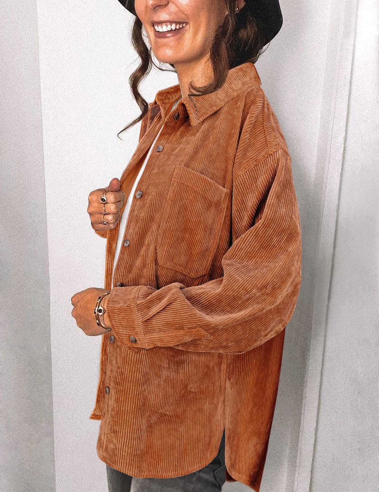 Saslax Womens Corduroy Shirt Long Sleeve Oversized Button Up V Neck Blouses Tops Loose Shacket Jacket with Pockets Burnt Oranage L