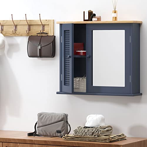 soges Bathroom Wall Cabinet Medicine Cabinet with Mirror, Wall Mounted Bathroom Storage Cabinet with 2 Doors, Wood Hanging Cabinet Storage Organizer for Bathroom, Living Room, Dark Blue