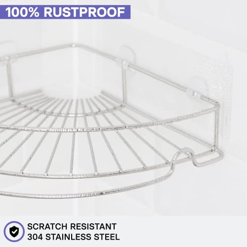 KINCMAX Corner Shower Caddy, Rustproof SUS304 Stainless Steel, Adhesive Wall Mount Double Baskets 2-pack with Built-in Towel Bar (Polished Silver)