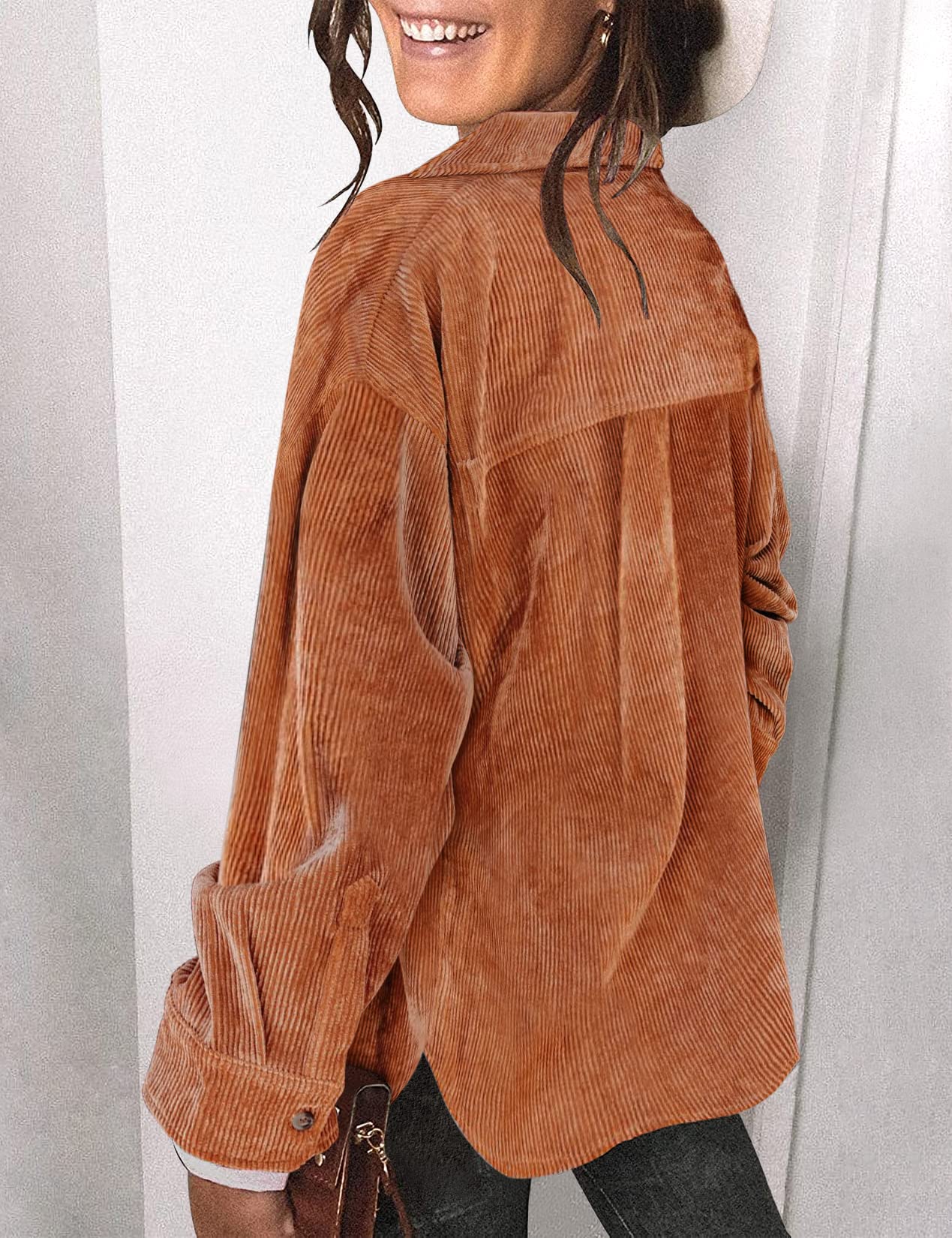 Saslax Womens Corduroy Shirt Long Sleeve Oversized Button Up V Neck Blouses Tops Loose Shacket Jacket with Pockets Burnt Oranage L