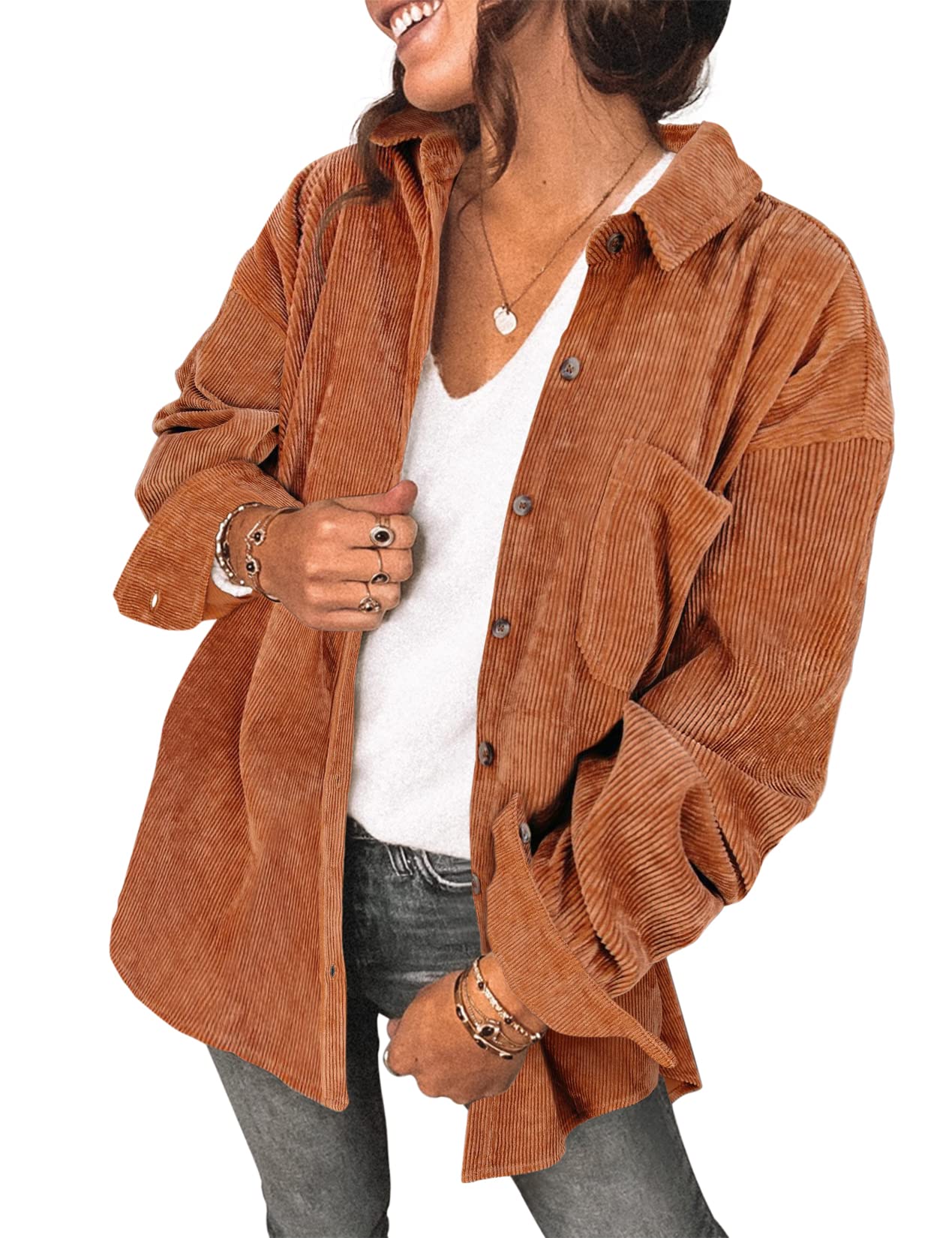 Saslax Womens Corduroy Shirt Long Sleeve Oversized Button Up V Neck Blouses Tops Loose Shacket Jacket with Pockets Burnt Oranage L