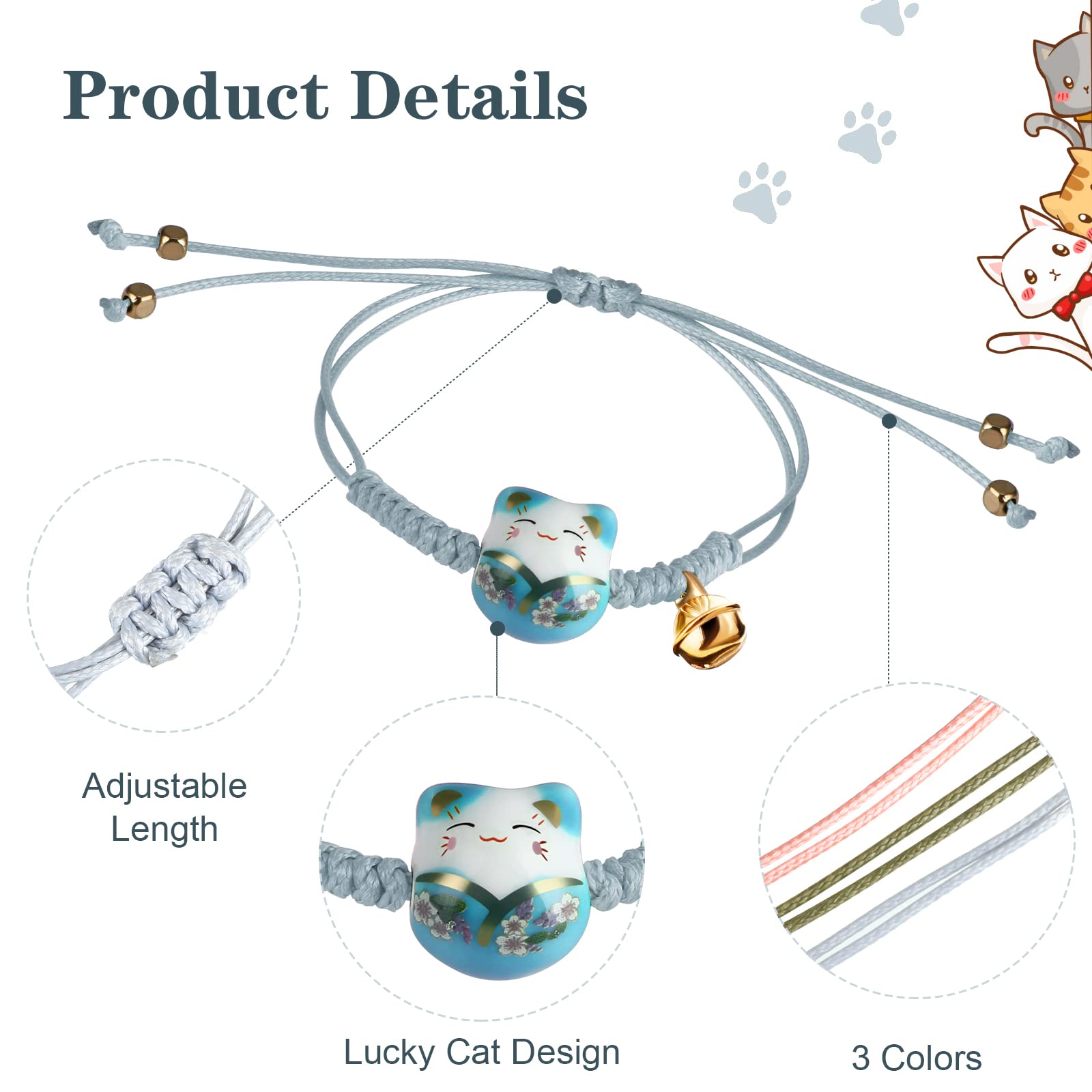 3 Pieces Cat Maneki Neko Bracelet Cute Lucky Cat Ceramic Beads Bracelet Lucky Japanese Fortune String Hand Chain with Bell, Adjustable(Green, Blue, Pink)