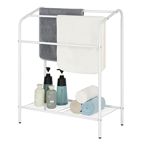 Freestanding Towel Rack White Floor Towel Rack Stand 3 Tier Bath Towel Stand Towel Bar Stand with Shelf Modern Blanket Rack Stand for Living Room Bathroom, Laundry