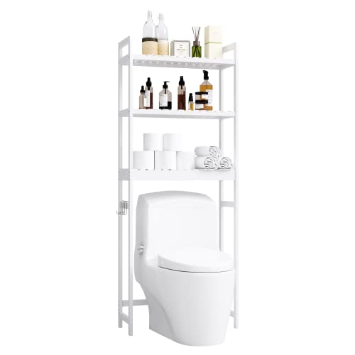 Bamboo Over-The-Toilet Storage Rack, 3-Tier Bathroom Organizer Over Toilet with 6 Hooks, Bathroom Freestanding Shelf for Home, Kitchen, 24.4ā L X 10.24ā W X 64.17ā H, White