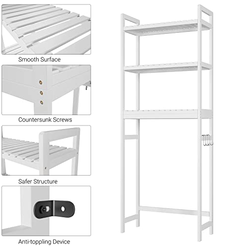 Bamboo Over-The-Toilet Storage Rack, 3-Tier Bathroom Organizer Over Toilet with 6 Hooks, Bathroom Freestanding Shelf for Home, Kitchen, 24.4” L X 10.24” W X 64.17” H, White
