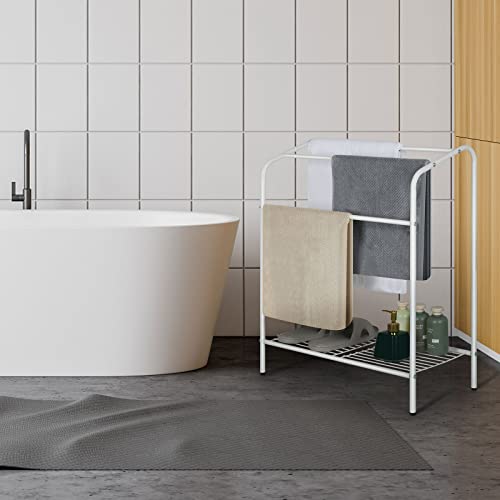 Freestanding Towel Rack White Floor Towel Rack Stand 3 Tier Bath Towel Stand Towel Bar Stand with Shelf Modern Blanket Rack Stand for Living Room Bathroom, Laundry