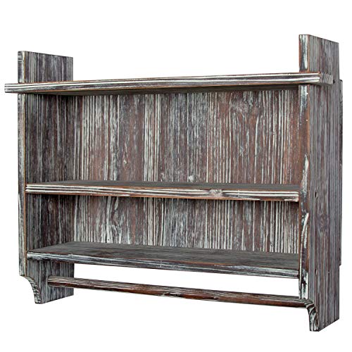 MyGift Torched Wood Wall Mounted 3 Tier Bathroom Shelf Storage Display Rack with 23-Inch Towel Bar