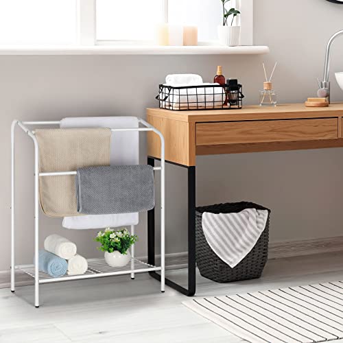 Freestanding Towel Rack White Floor Towel Rack Stand 3 Tier Bath Towel Stand Towel Bar Stand with Shelf Modern Blanket Rack Stand for Living Room Bathroom, Laundry