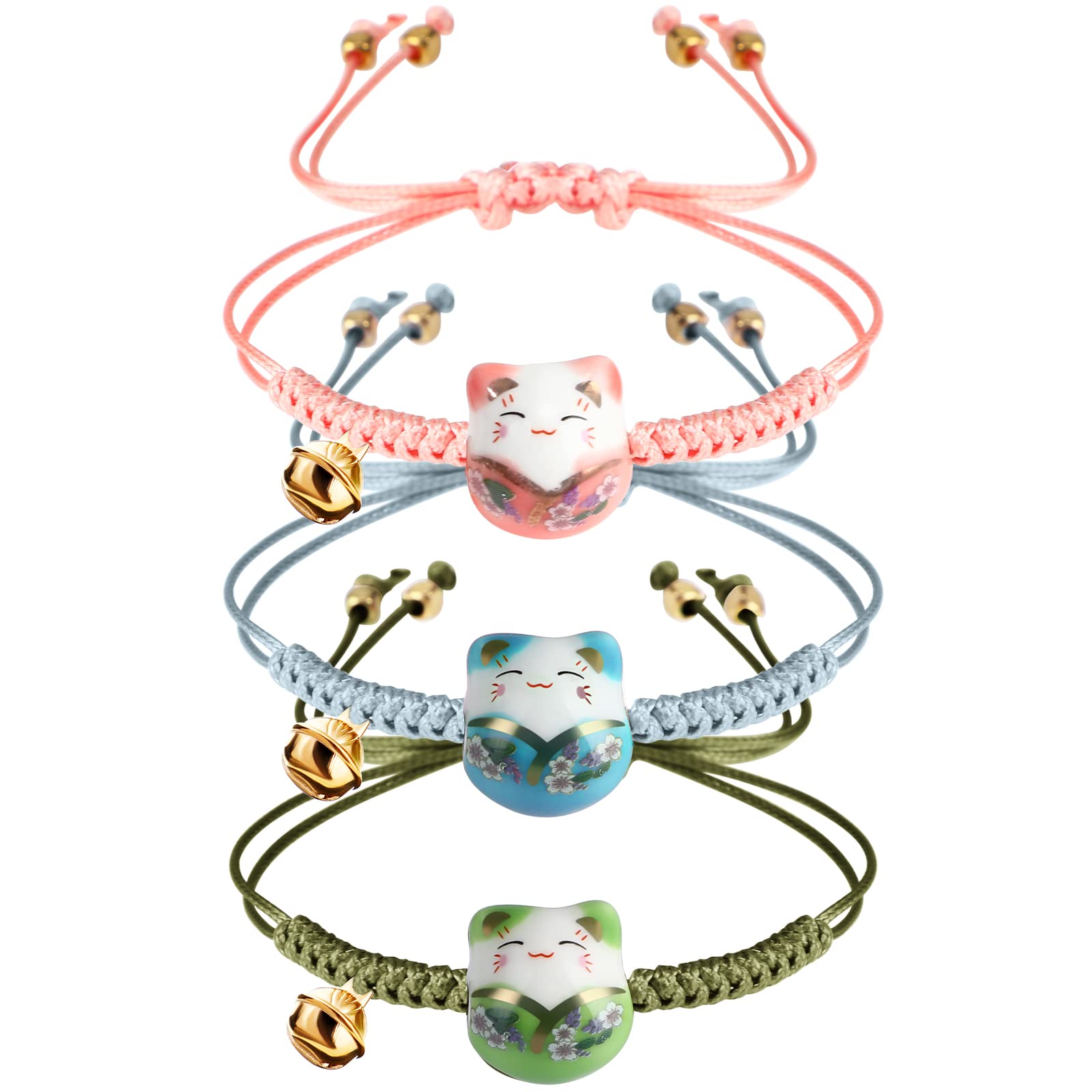 3 Pieces Cat Maneki Neko Bracelet Cute Lucky Cat Ceramic Beads Bracelet Lucky Japanese Fortune String Hand Chain with Bell, Adjustable(Green, Blue, Pink)