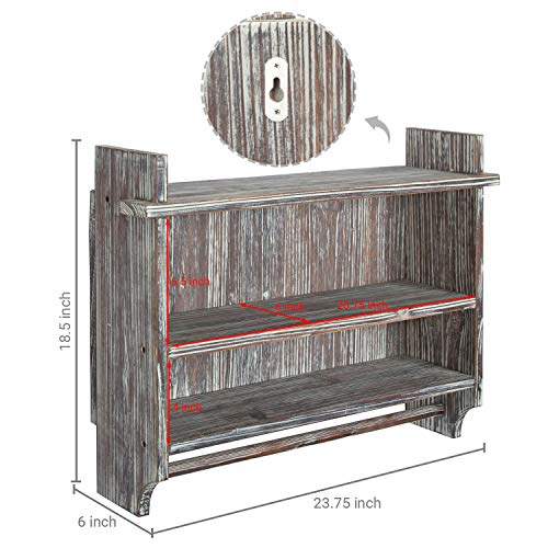 MyGift Torched Wood Wall Mounted 3 Tier Bathroom Shelf Storage Display Rack with 23-Inch Towel Bar