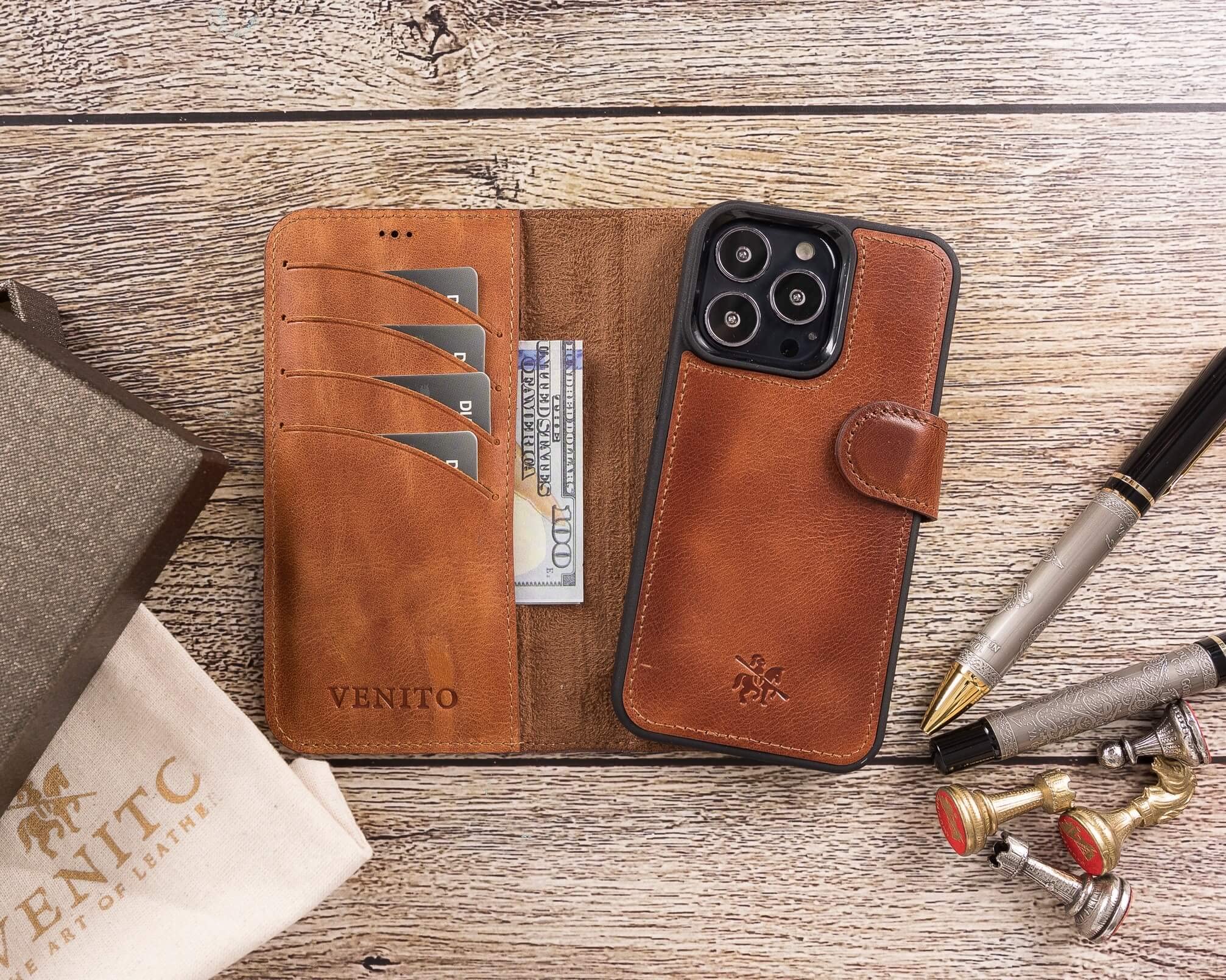 Venito Ravenna Slim Magic Leather Wallet Case for iPhone 13 Pro Max (6.7 in) with a Magnetic Flip & Four Card Slots and a Bill Pocket & Lightweight Frame - Antique Brown