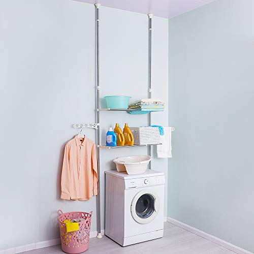 BAOYOUNI 2-Layer Expandable Laundry Shelf Over Washing Machine Storage Rack Tension Pole Space Saver Bathroom Organizer with Towels Clothes Hanger Hook, Ivory