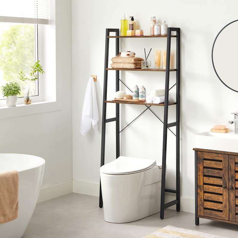 VASAGLE Over The Toilet Storage, 3-Tier Bathroom Storage Shelf, with Adjustable Bottom Stabilizer Bar, Space-Saving, Steel Frame, Industrial Style, Rustic Brown and Black UBTS005B01