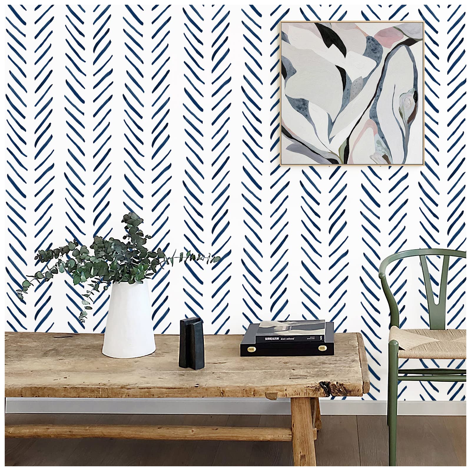 HAOKHOME Boho Peel and Stick Wallpaper Stripe Removable Navy/White Chevron Vinyl Contact Paper Mural for Home Decor 17.7in x 9.8ft