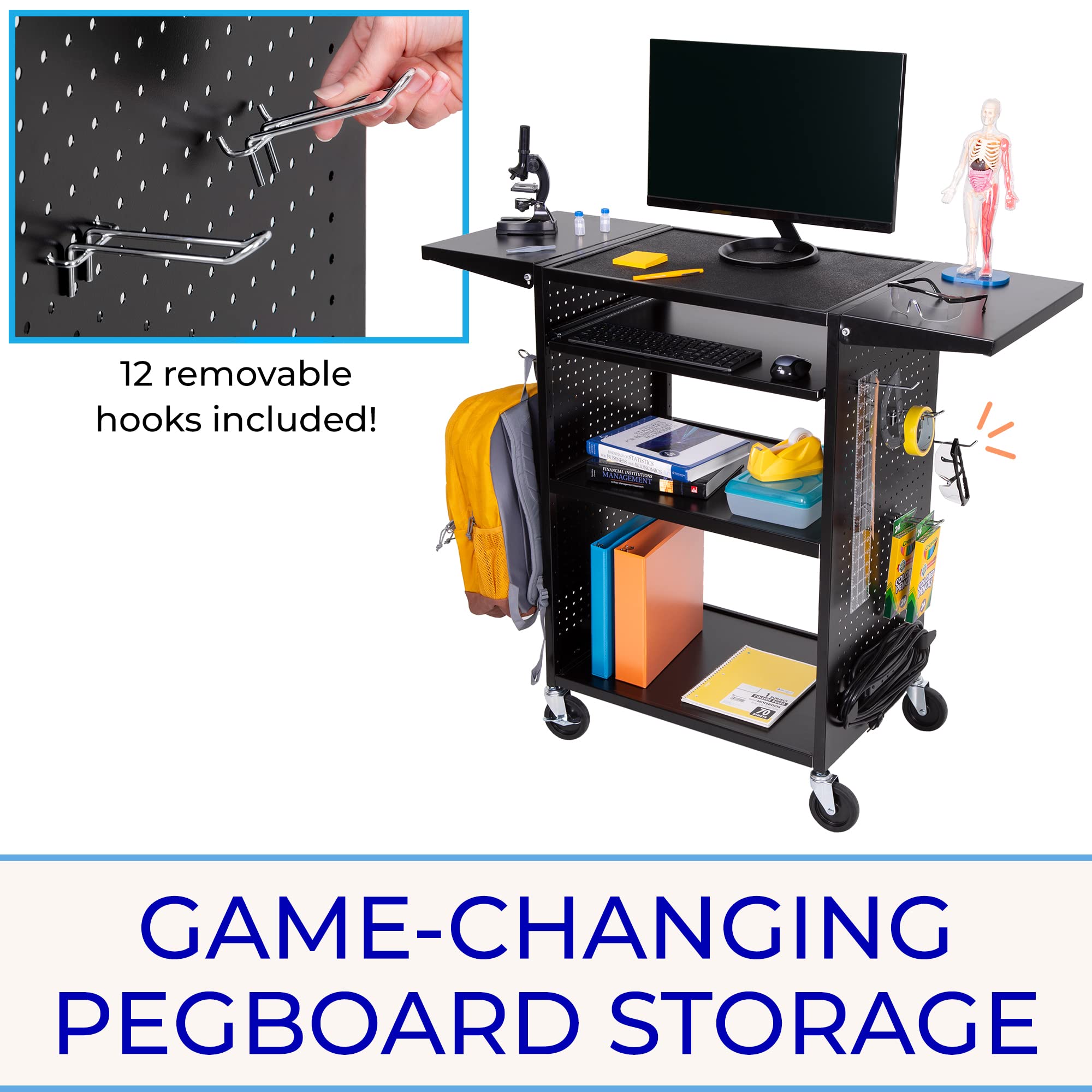 Line Leader Stellar AV Cart | Reimagine Your Teacher Cart with Revolutionary Pegboard Siding & 12 Movable Hooks for Customizable Storage | UL Safety Certified Cart | Keyboard Tray & Drop Leaf Shelving