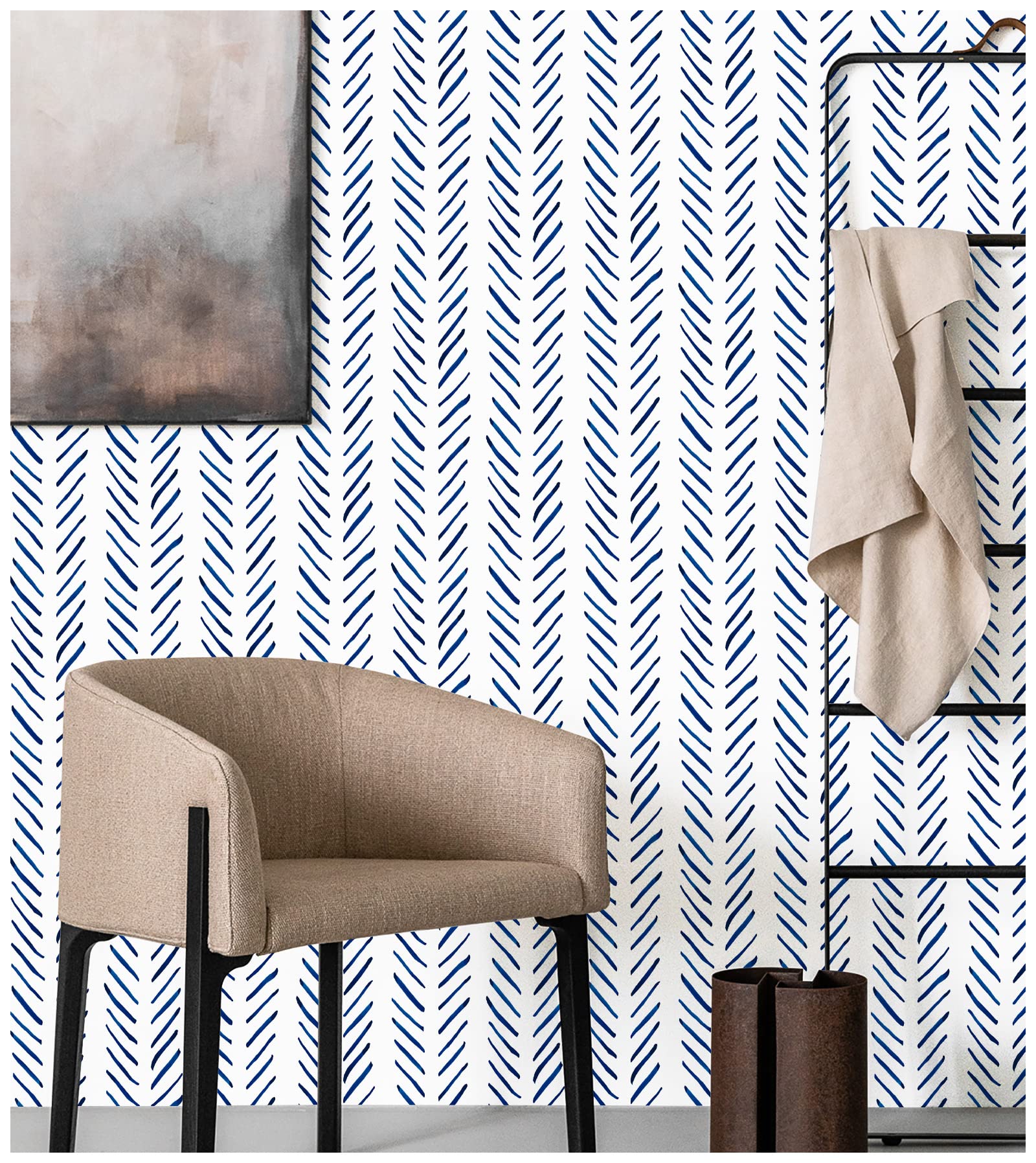 HAOKHOME Boho Peel and Stick Wallpaper Stripe Removable Navy/White Chevron Vinyl Contact Paper Mural for Home Decor 17.7in x 9.8ft