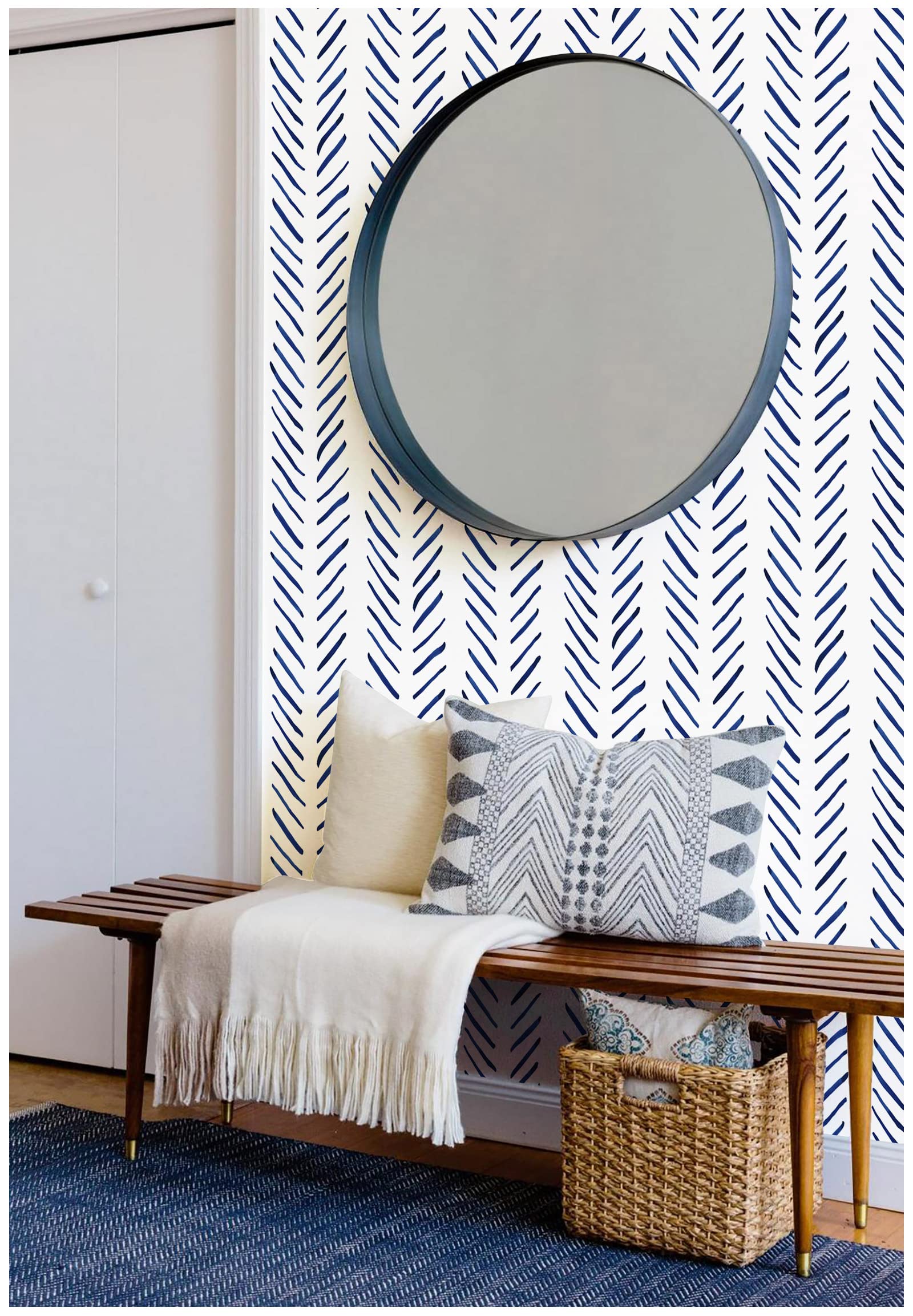 HAOKHOME Boho Peel and Stick Wallpaper Stripe Removable Navy/White Chevron Vinyl Contact Paper Mural for Home Decor 17.7in x 9.8ft