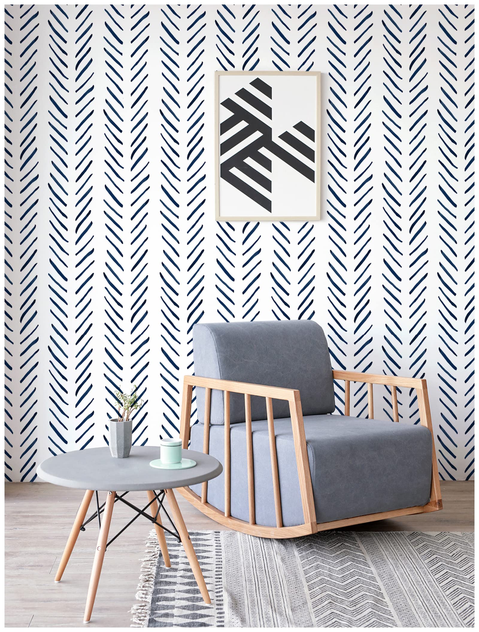 HAOKHOME Boho Peel and Stick Wallpaper Stripe Removable Navy/White Chevron Vinyl Contact Paper Mural for Home Decor 17.7in x 9.8ft