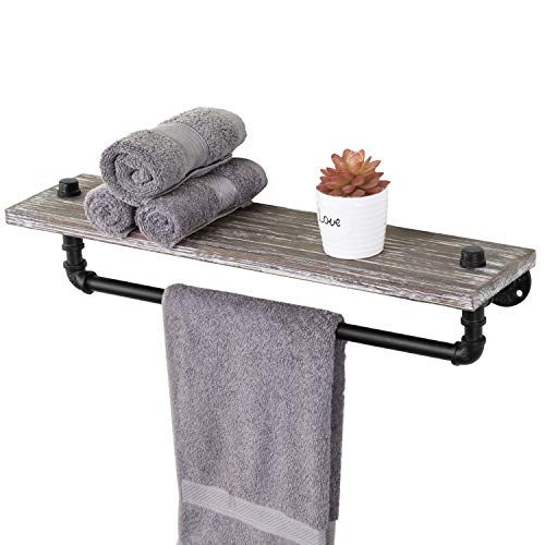 MyGift Rustic Torched Wood Small Bathroom Shelf Wall Mounted Industrial Metal Pipe Towel Bar